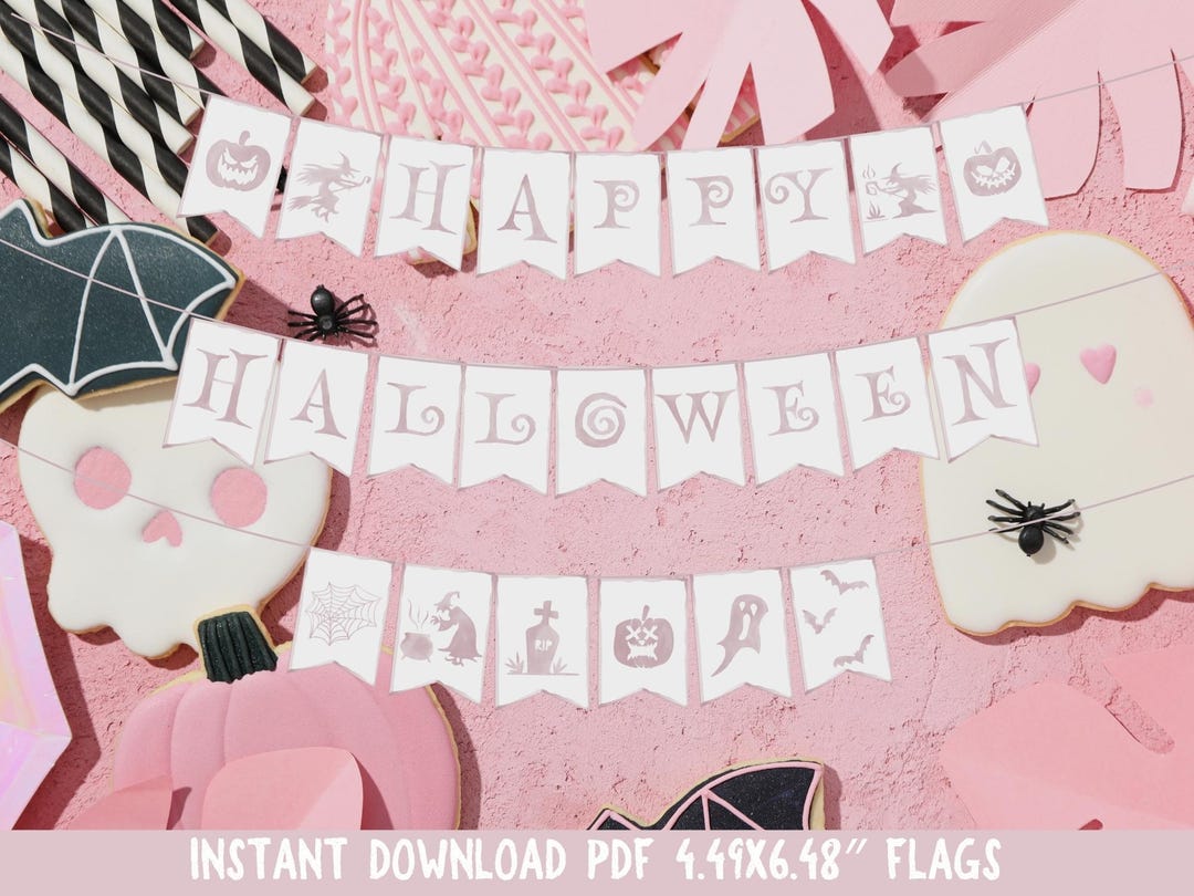 Pink Happy Halloween Banner PRINTABLE Pinkoween Decor in Watercolor ...