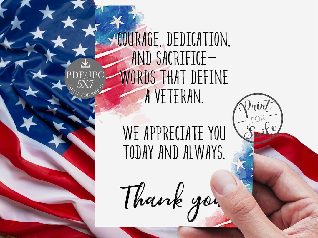 Thank You Veteran Card Veterans Day Card PRINTABLE Military Army Navy ...