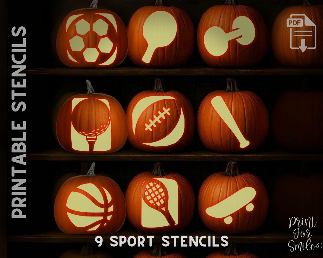 Sport Pumpkin Carving Stencil Set - Soccer, Ping Pong, Dumbbell, Golf ...