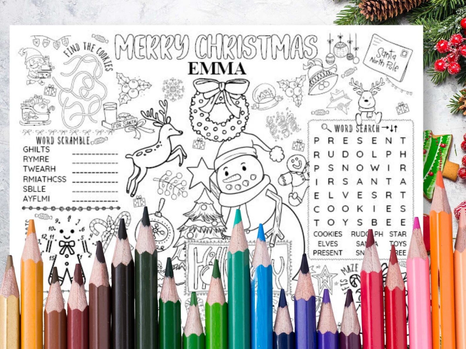 Christmas Coloring Placemats Kids PRINTABLE Personalized - Etsy