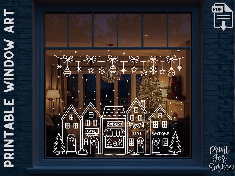Christmas Village Window Art Template – Café & Bakery Shops | Printable ...