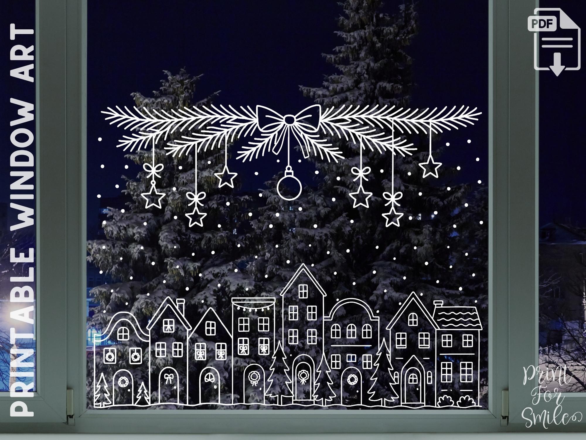 Cozy Winter Window Art Template – Christmas Village & Pine Swag Chalk Marker Design, Holiday ...