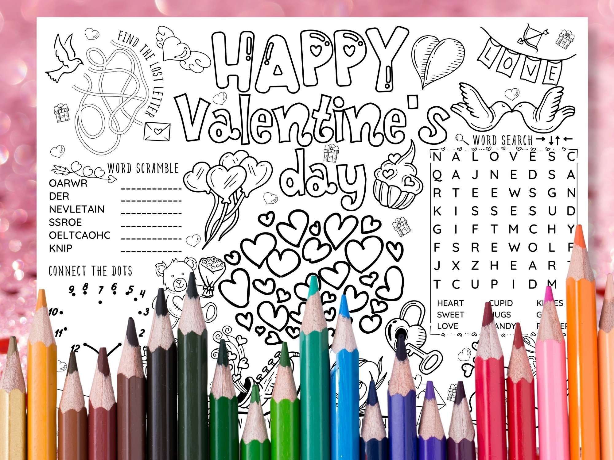 Valentines Day Placemat PRINTABLE Kids Activity Page Coloring Party - Etsy