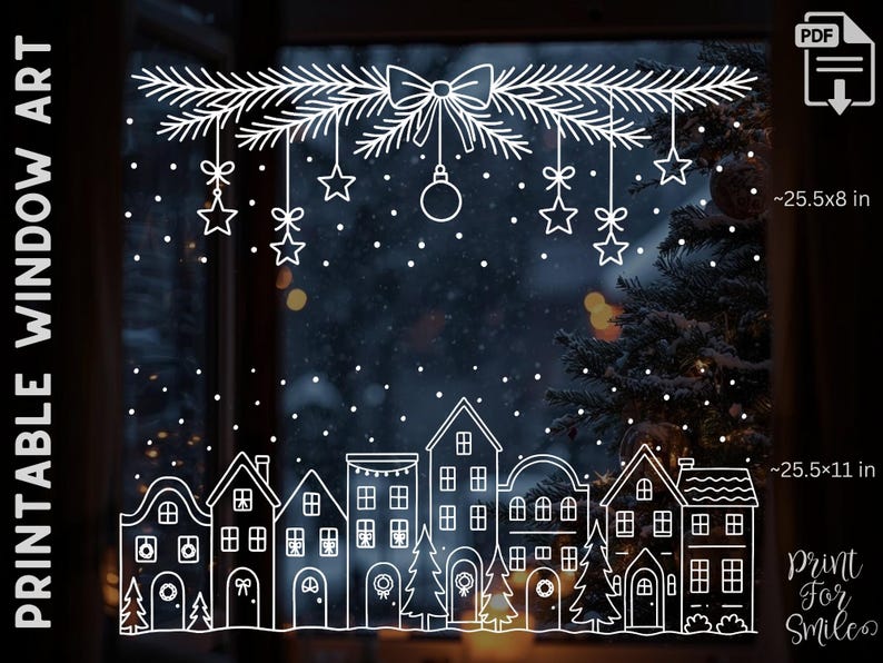Cozy Winter Window Art Template – Christmas Village & Pine Swag Chalk Marker Design, Holiday ...