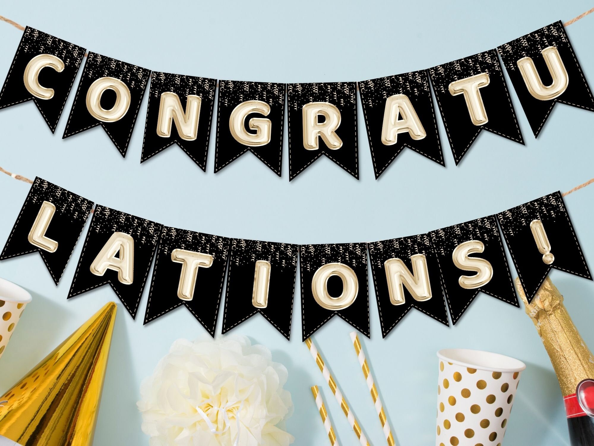 Congratulations Banner Printable, Graduation Party Flags, Black Gold ...