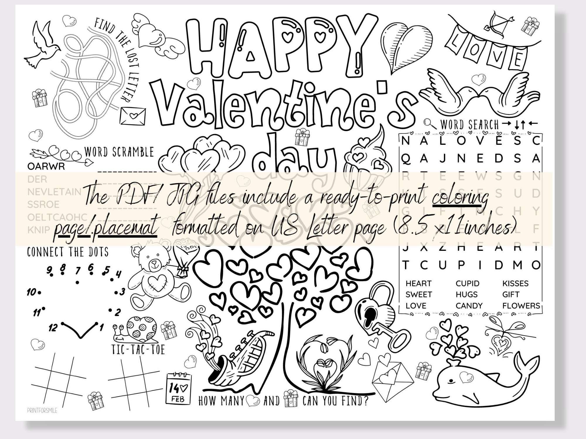 Valentines Day Placemat PRINTABLE Kids Activity Page Coloring Party - Etsy