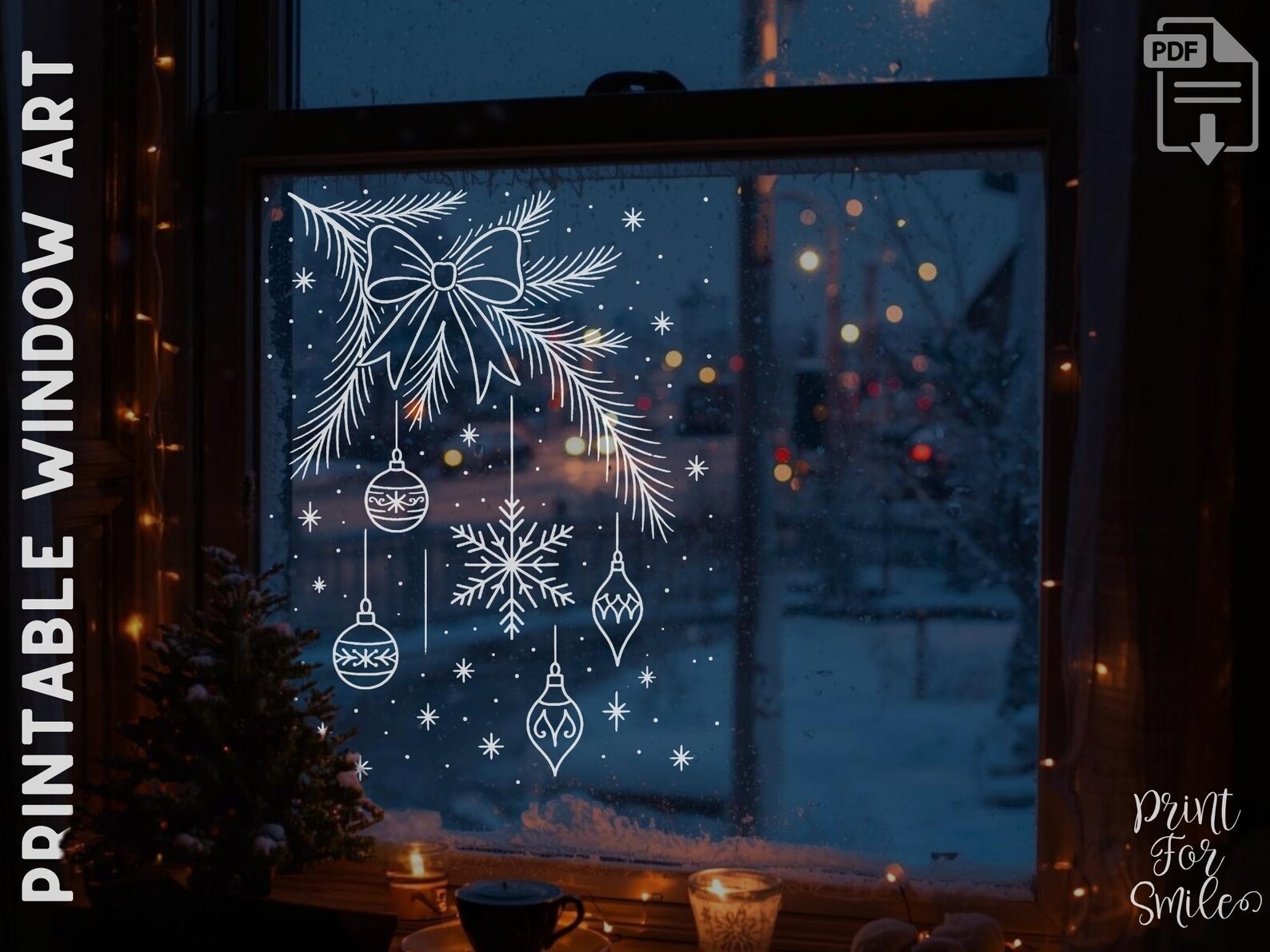 Elegant Swag Window Art – Hanging Ornaments, Bow & Snowflakes ...