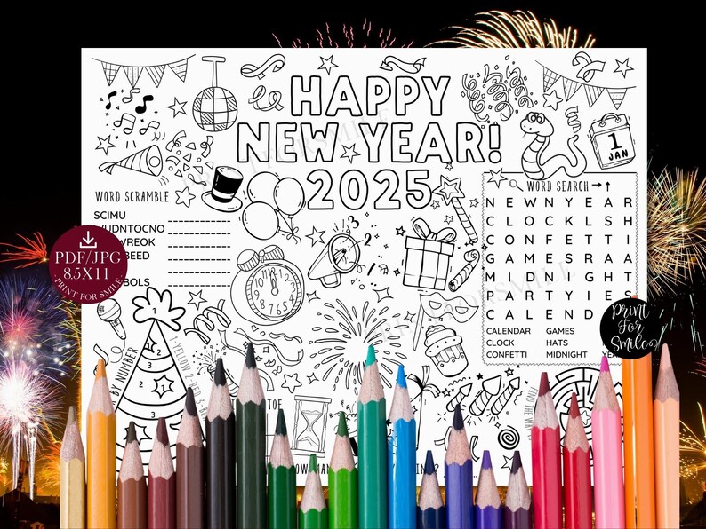 New Years Placemat PRINTABLE Happy New Year Eve 2025, Party Activity ...
