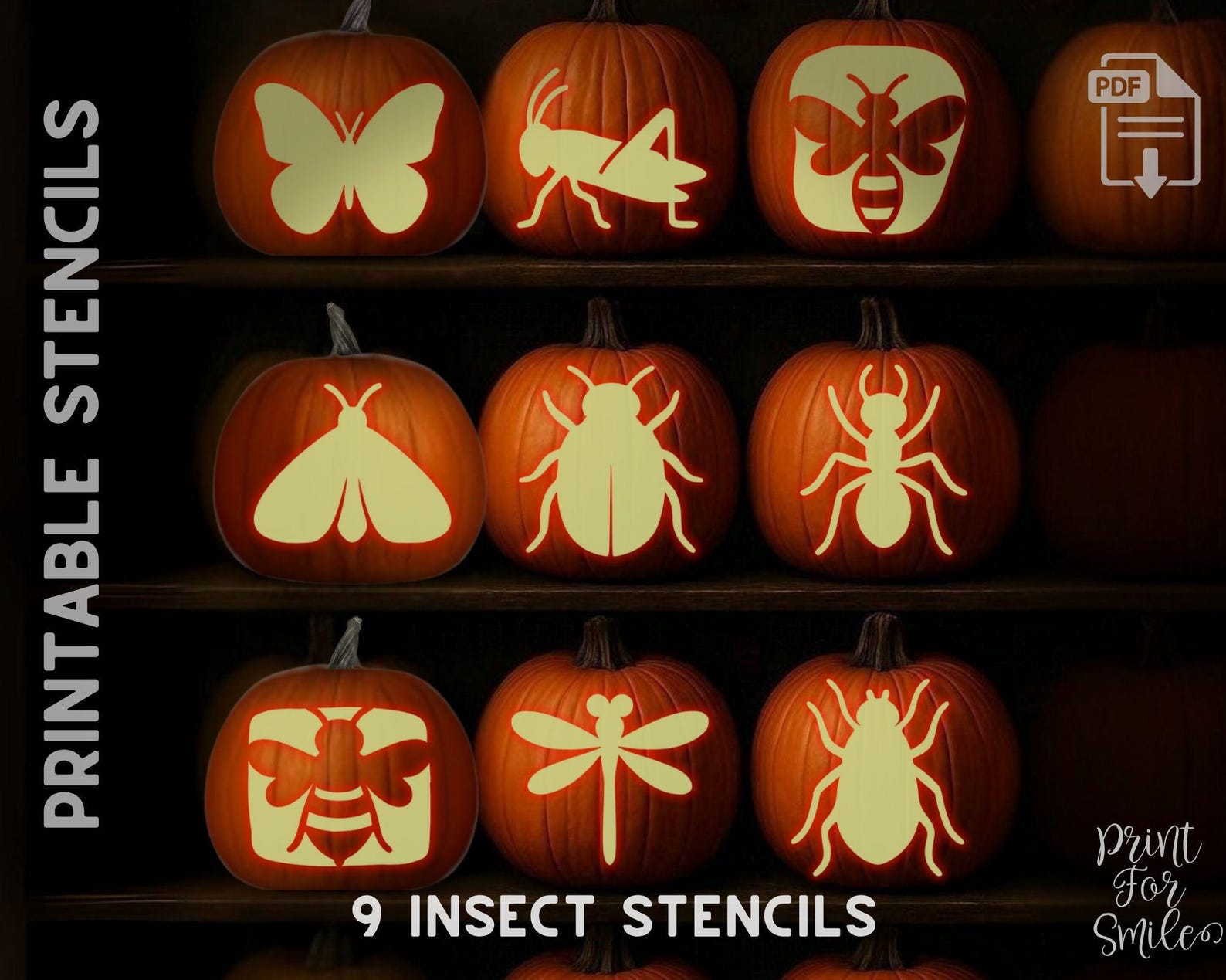 Insect Pumpkin Carving Stencil Set - Butterfly, Grasshopper, Bee, Moth ...