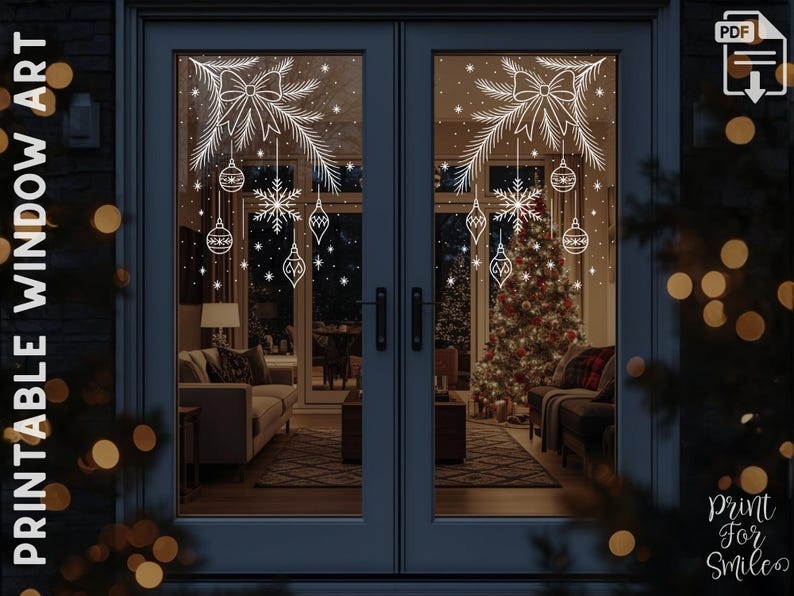 Elegant Swag Window Art – Hanging Ornaments, Bow & Snowflakes ...