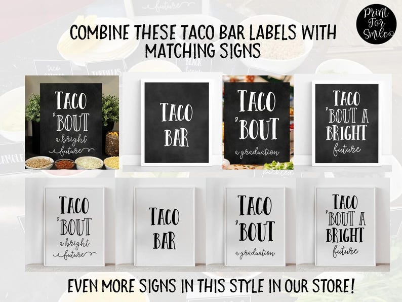 Taco Bar Labels, Taco Food Tent Cards PRINTABLE, Graduation Taco Bar ...