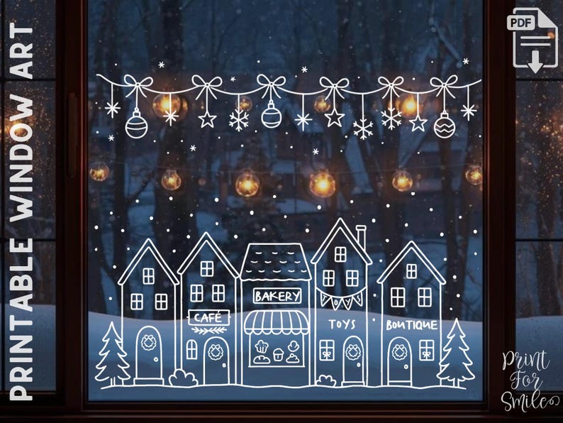 Christmas Village Window Art Template – Café & Bakery Shops | Printable ...