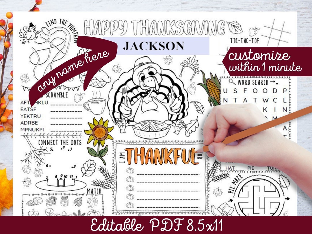 Thanksgiving Kids Placemats Coloring PRINTABLE, Personalized Template ...