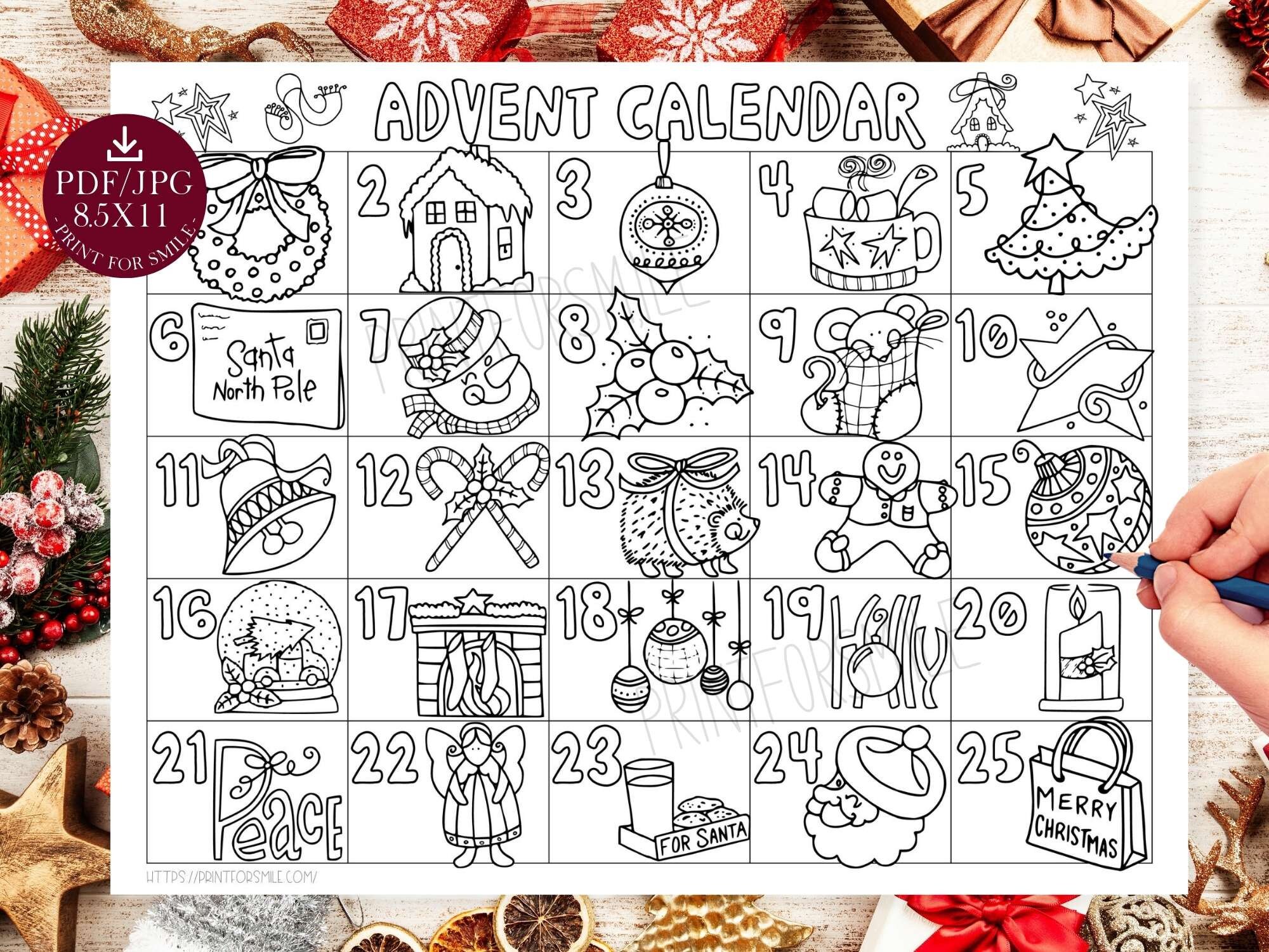Coloring Christmas Advent Calendar PRINTABLE Page Countdown - Etsy