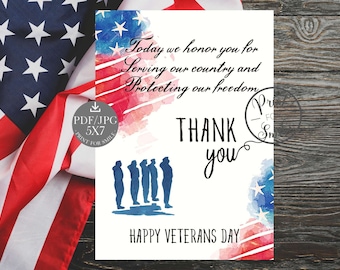 Thank A Veteran Thank You Card for Veteran Service Member Printable ...