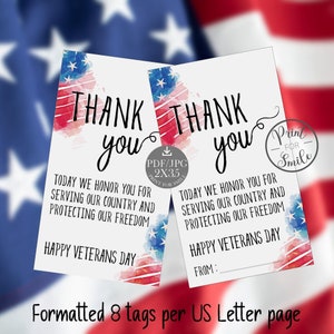 Veterans Day Gift Tags Printable Thank You Happy Military - Etsy