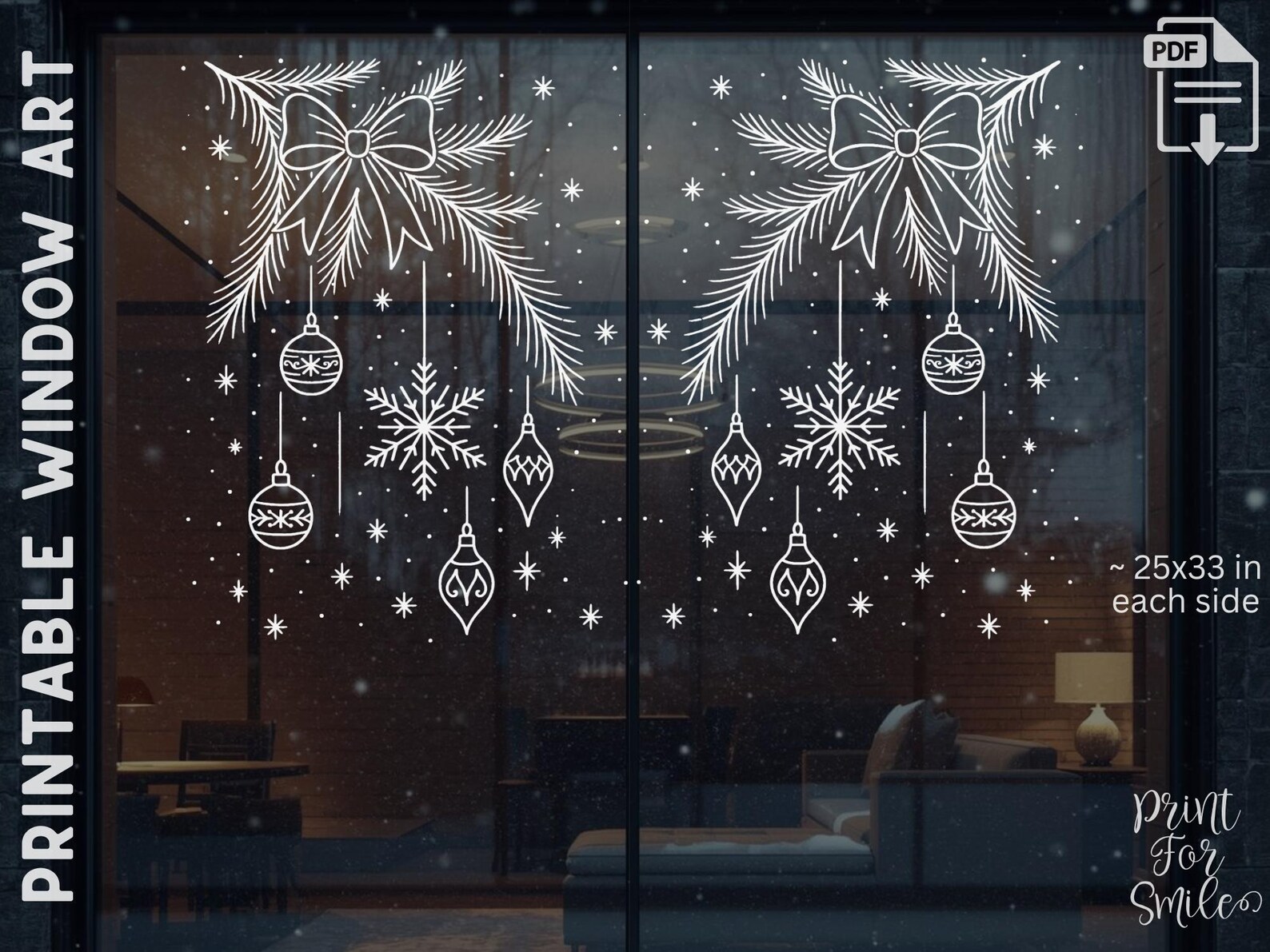 Elegant Swag Window Art – Hanging Ornaments, Bow & Snowflakes ...