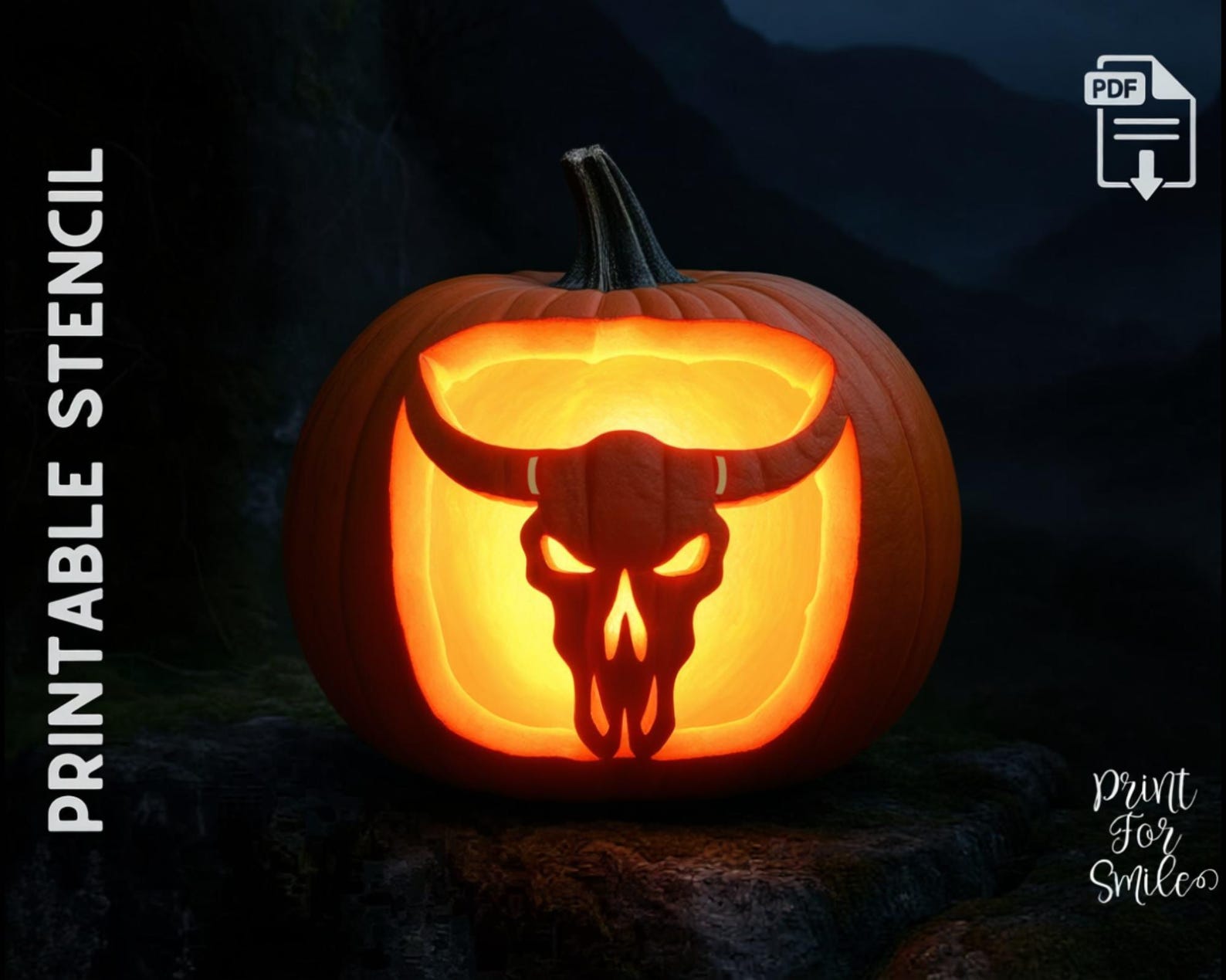 Longhorn Skull Pumpkin Carving Stencil, PRINTABLE Template, Pattern ...