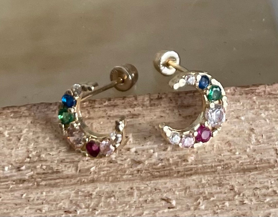 10K Gold Moon Shaped Earrings With Colored Zirconias , Solid 10K Gold ...