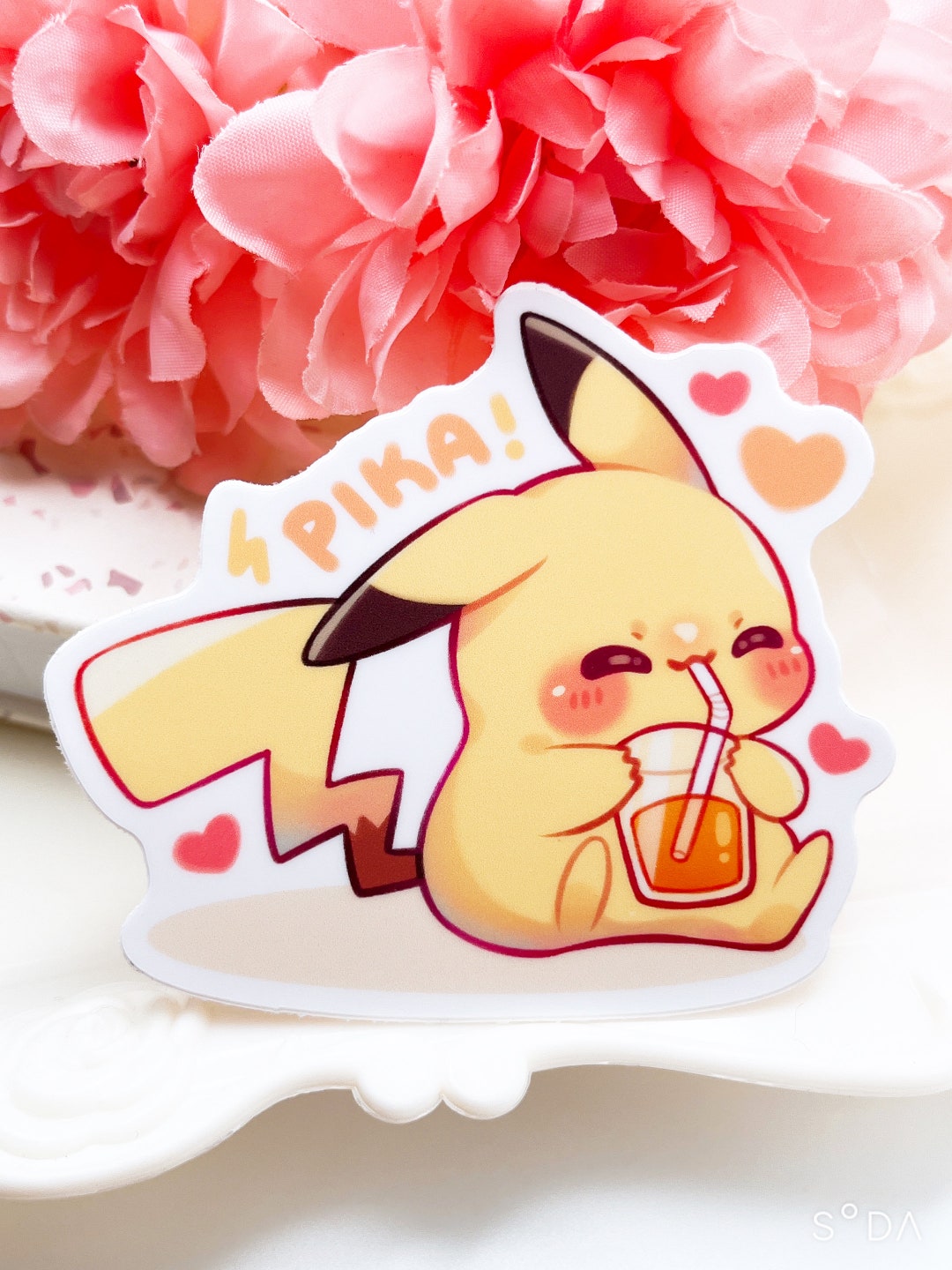 Cute Pika Drinking Juice Anime Waterproof Vinyl Sticker | Kawaii Animal ...