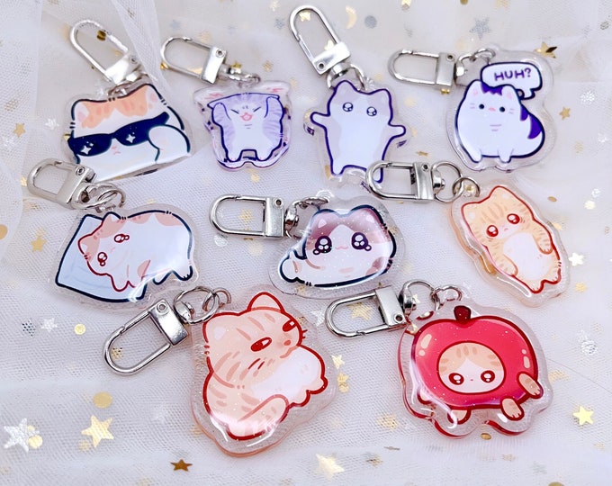 Meme Cats Glitter Mini Keychains | Cute Chibi Art Pet Kitty Calico ...