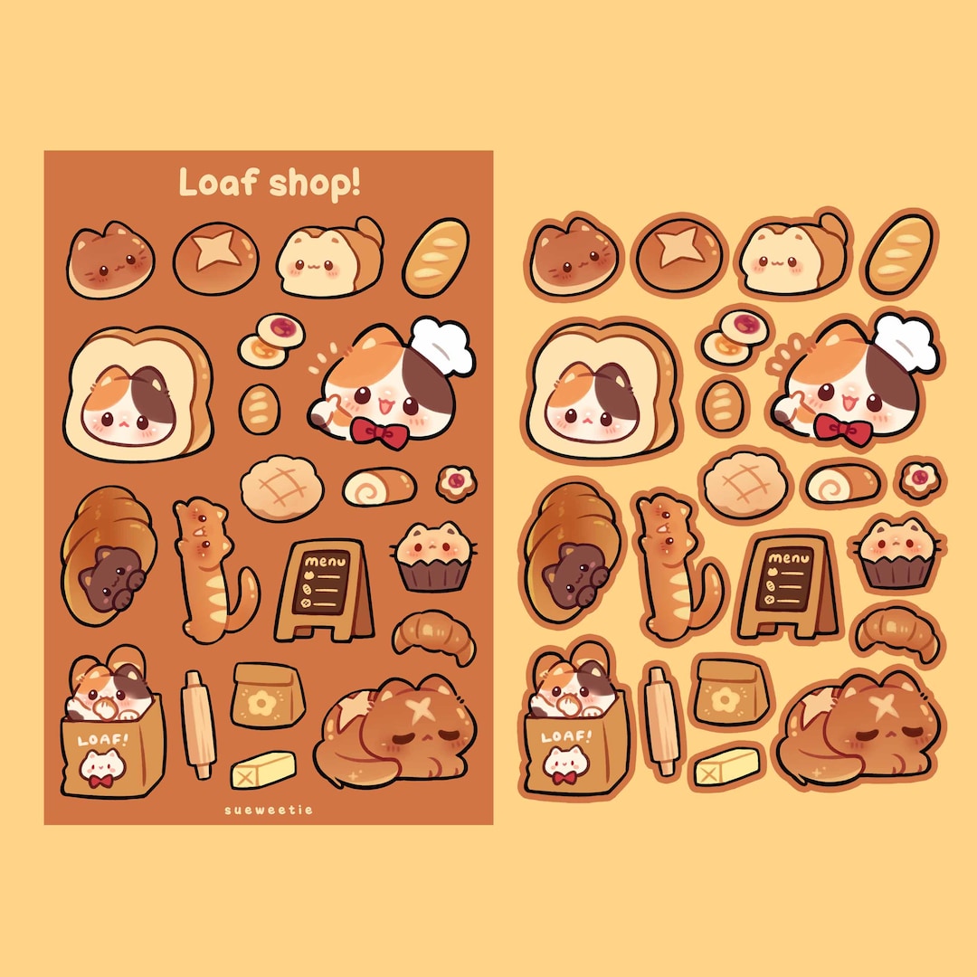 Loaf Shop Waterproof Sticker Sheet | Kawaii Chibi Art Kitten | Cute ...