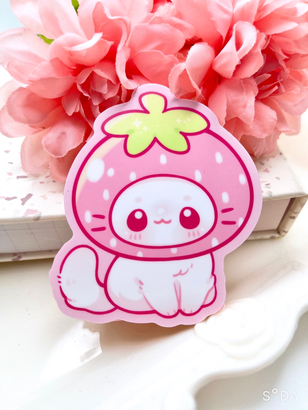 Strawberry Cat Waterproof Vinyl Sticker | Cute Chibi Art Animal ...