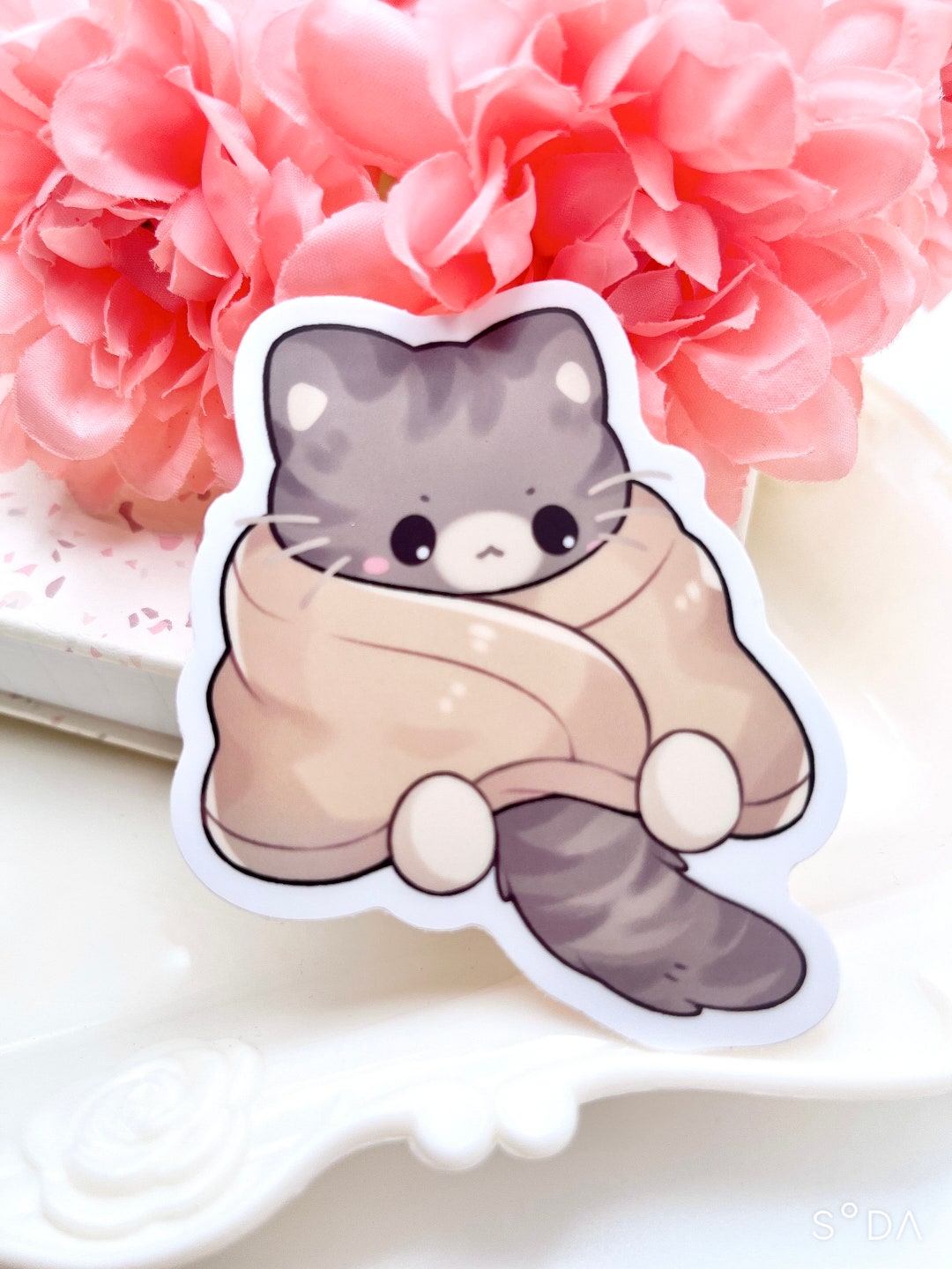 Snuggle Cat Waterproof Vinyl Sticker Cute Chibi Art Animal Lover Kawaii ...