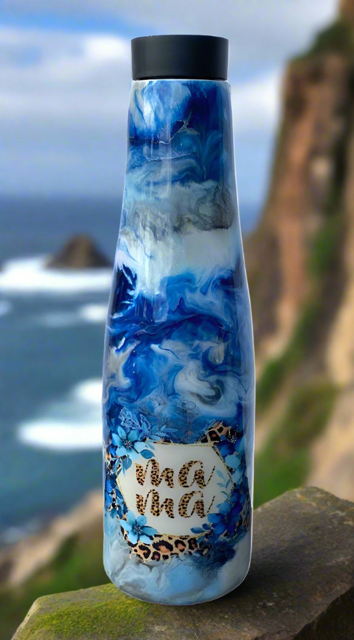 Hand Painted Blue Sky Mama Stainless Steel Push Top Bottle - 30 Oz - Etsy