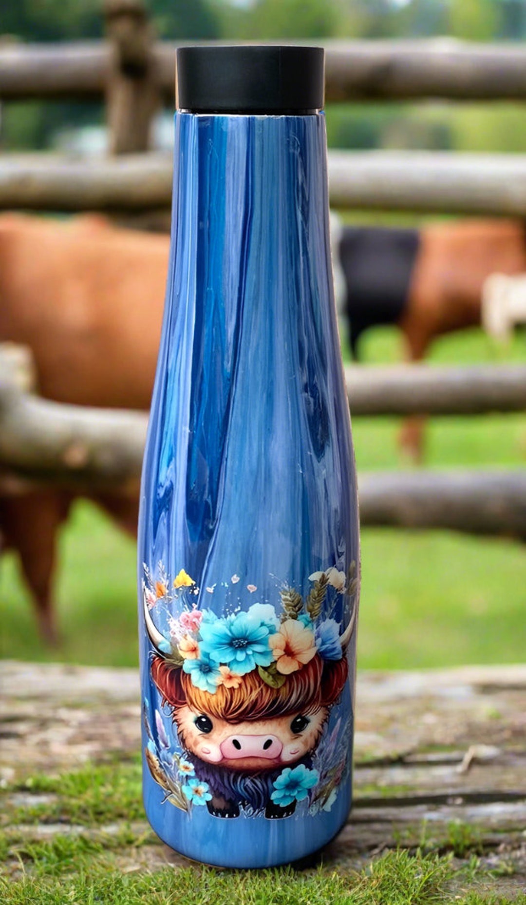Hand Painted Blue Highland Cow Stainless Steel Push Top Bottle - 30 Oz ...