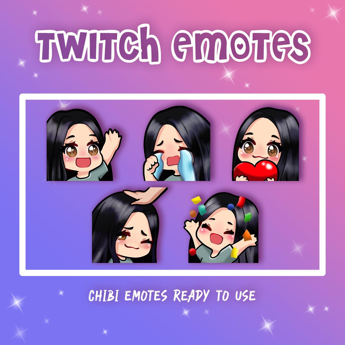 Cute Chibi Emotes / Black Hair Girl / Twitch Emotes / Hi Cry | Etsy