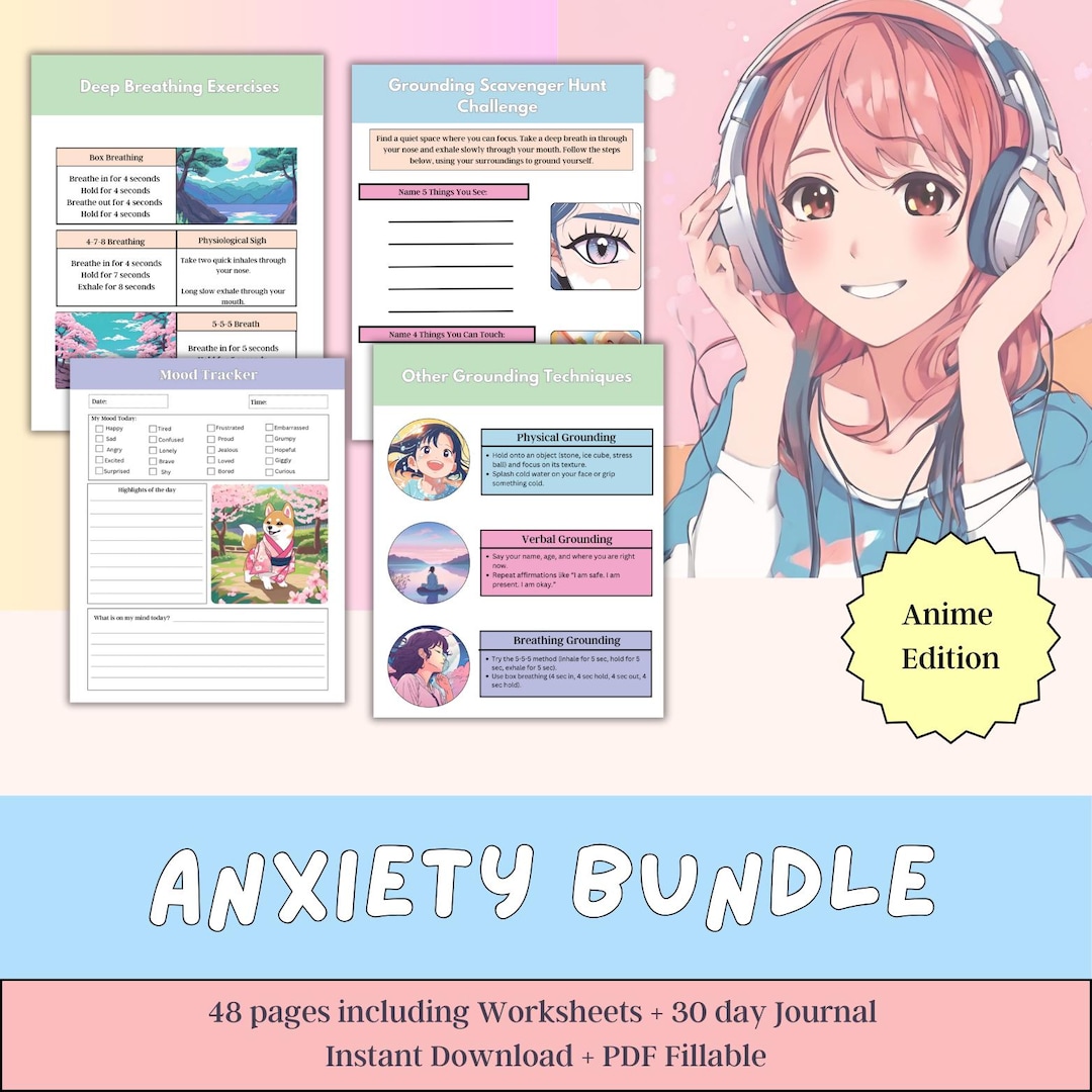 Anxiety Worksheet, Anime, Therapy Bundle, CBT, Anxiety Triggers, Mental ...