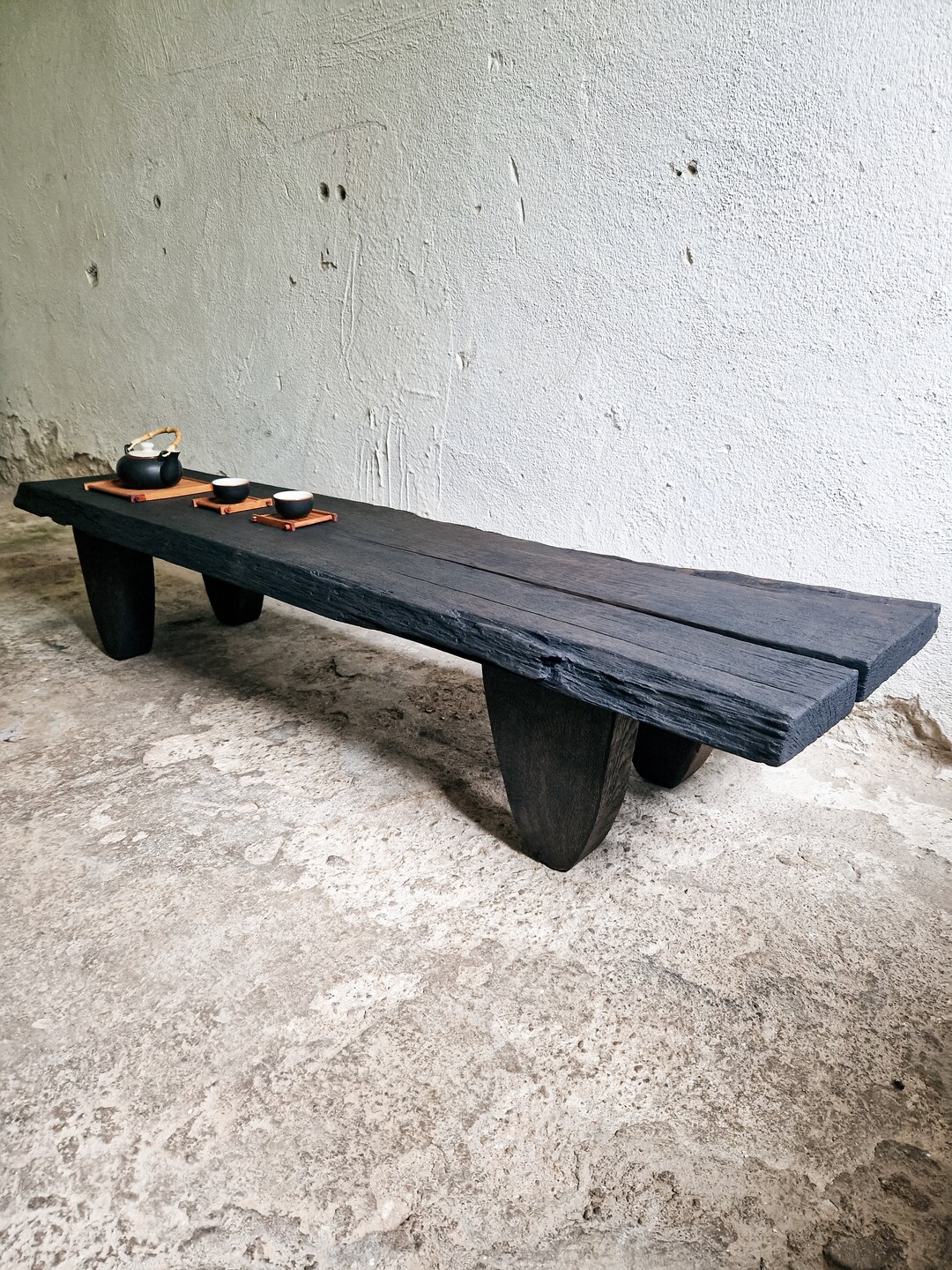 Decorative Wabi Sabi Bench Black Japanese Solid Wood Furniture Low Wood ...