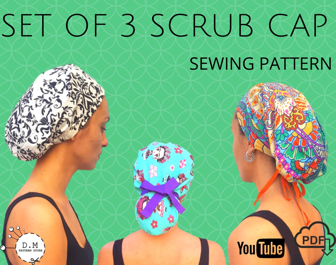 SET of 3 Scrub Cap / Sewing Patterns / Doctor Scrub Cap Pattern / Non ...