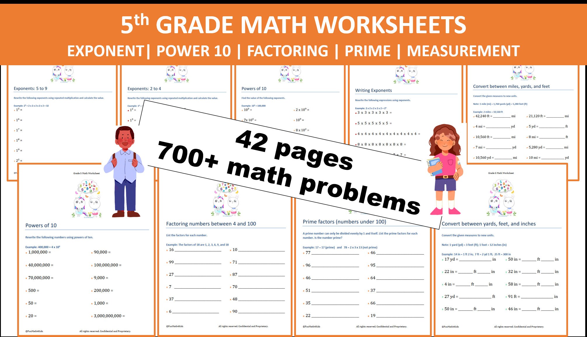5th Grade Math Worksheets Exponent Power 10 Factor Prime Measurement 42