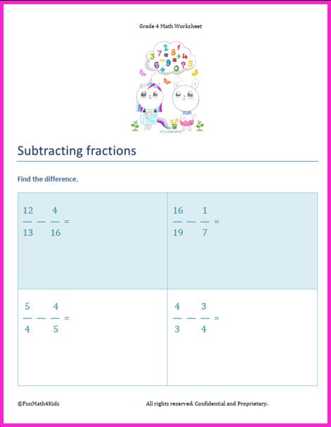 4th Grade Math Worksheets | Add and Subtract Fractions | Multiply in ...