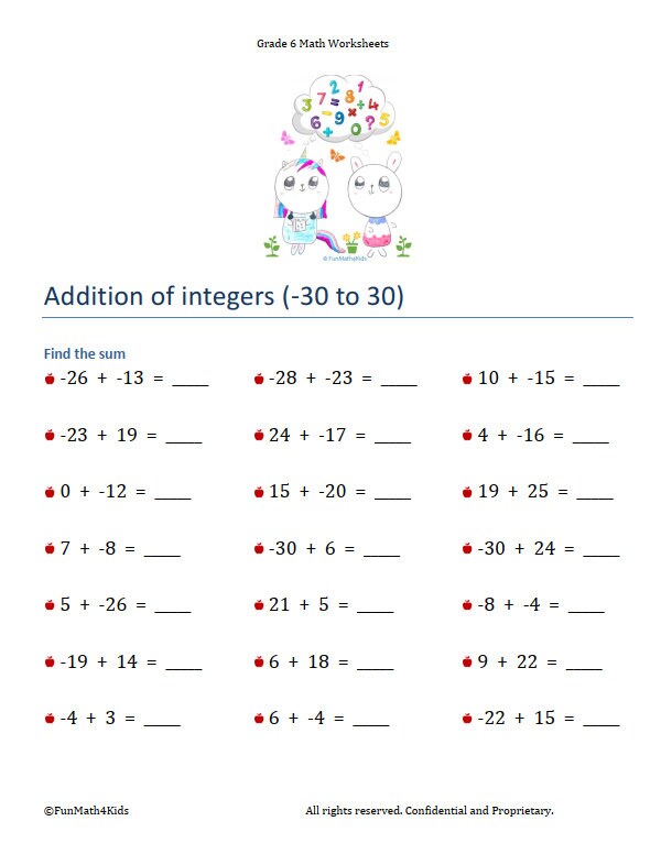 Free Math Worksheets For 6th Grade Integers Integers: Printable
