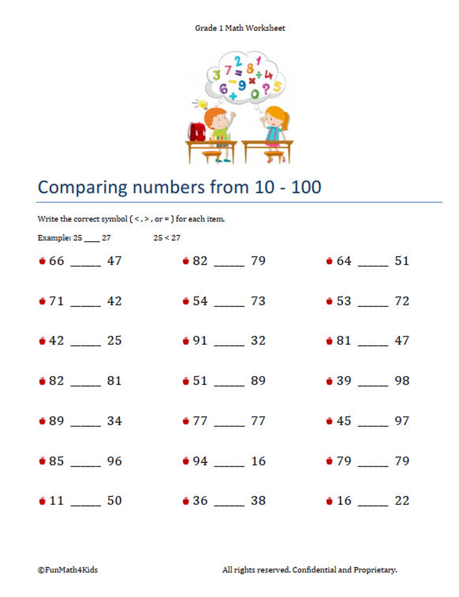 1st Grade Math Worksheets | Comparing | Ordering | 0 - 100 | 40 Pages ...