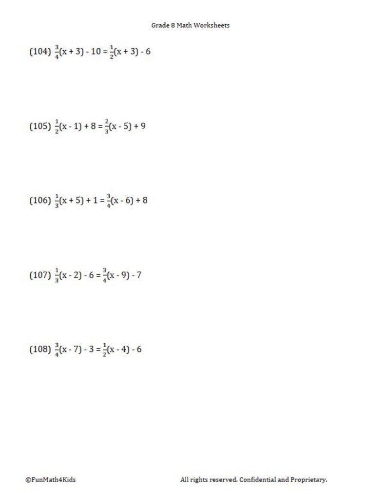 8th Grade Math Worksheets: Linear Equations With Fractional ...