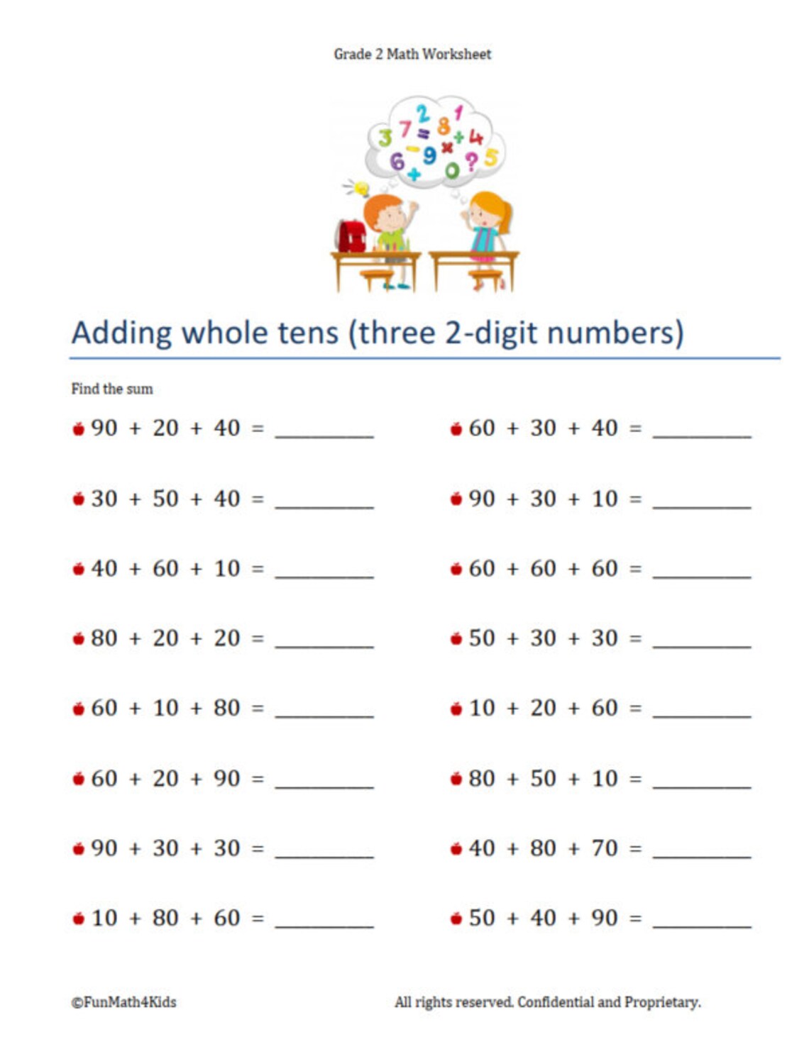 2nd Grade Math Worksheets Addition 2-digit Whole Tens - Etsy