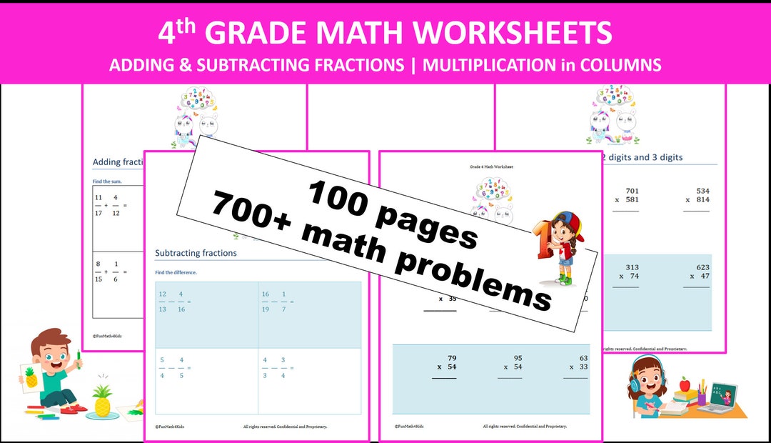4th Grade Math Worksheets | Add and Subtract Fractions | Multiply in ...