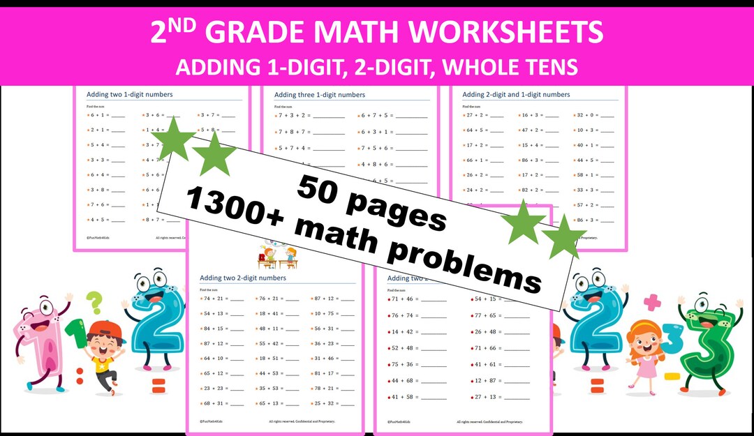 2nd Grade Math Worksheets | Addition | 1-digit | 2-digit | Regroup | 50 ...