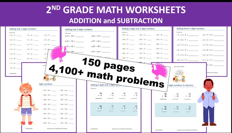 2nd Grade Math Worksheets: Addition & Subtraction (printable PDF) - Etsy