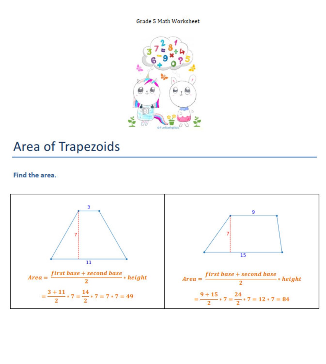 5th Grade Math Worksheets Geometry Areas of Triangle, Rectangle ...