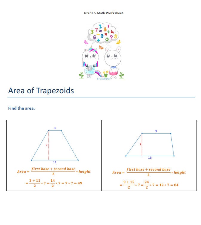 5th Grade Math Worksheets Geometry Areas of Triangle, Rectangle ...