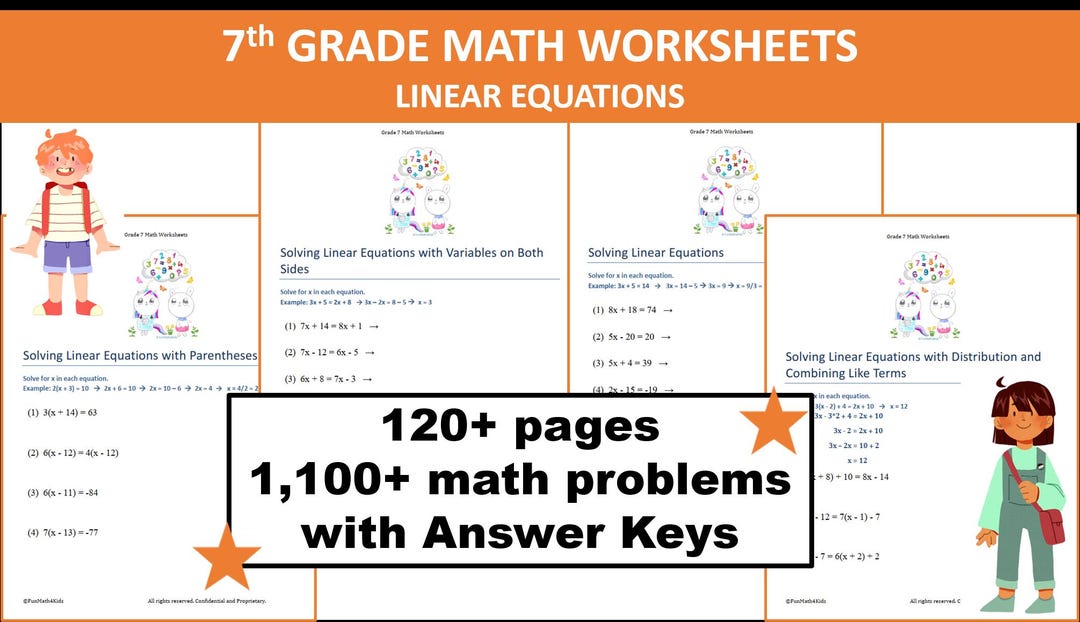 7th Grade Math Worksheets: Linear Equations With Answer Keys (printable ...