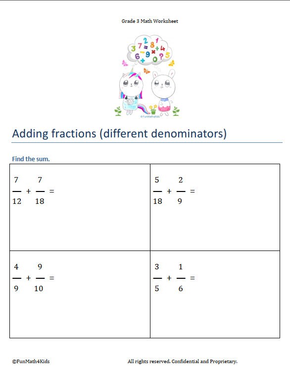 3rd Grade Math Worksheets Fractions Add & Subtract Add Decimals 80 ...