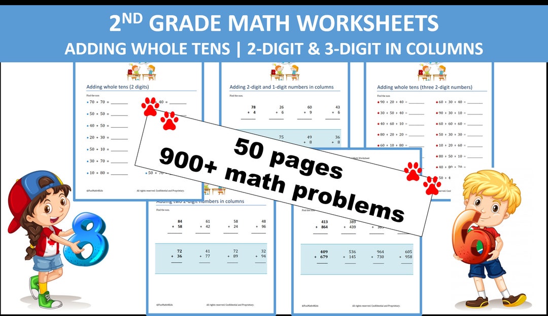 2nd Grade Math Worksheets | Addition | 2-digit | Whole Tens | Columns ...
