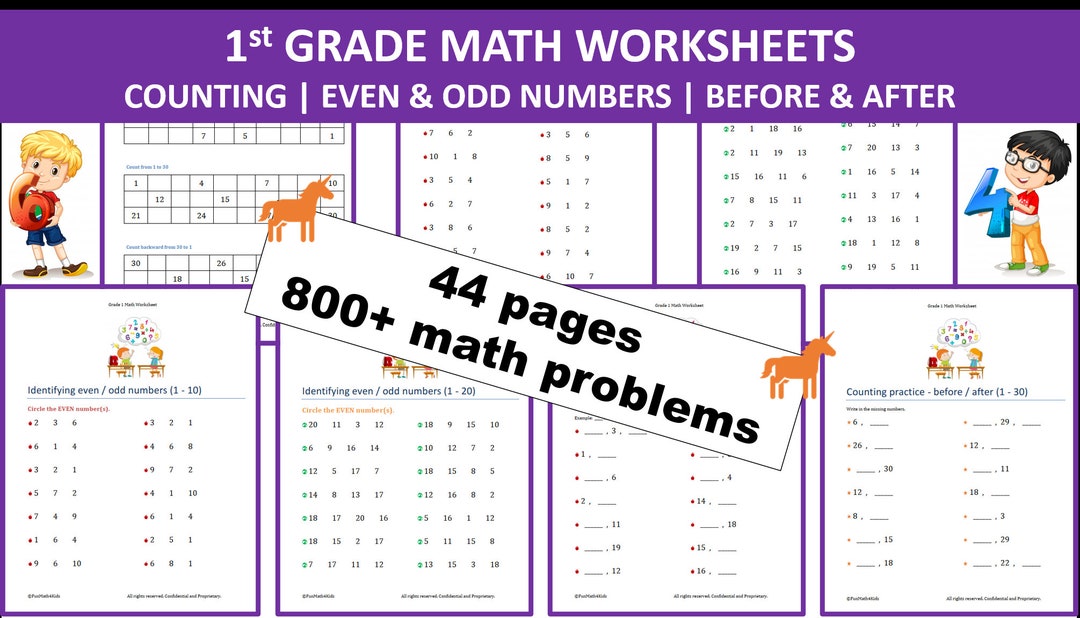 1st Grade Math Worksheets | Counting | Even | Odd | Before | After | 44 ...