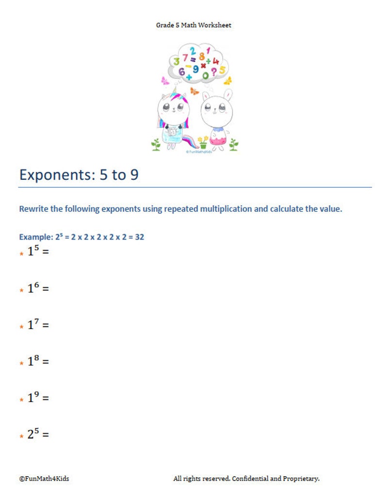 5th Grade Math Worksheets: Exponents, Factors, Measurement (printable ...